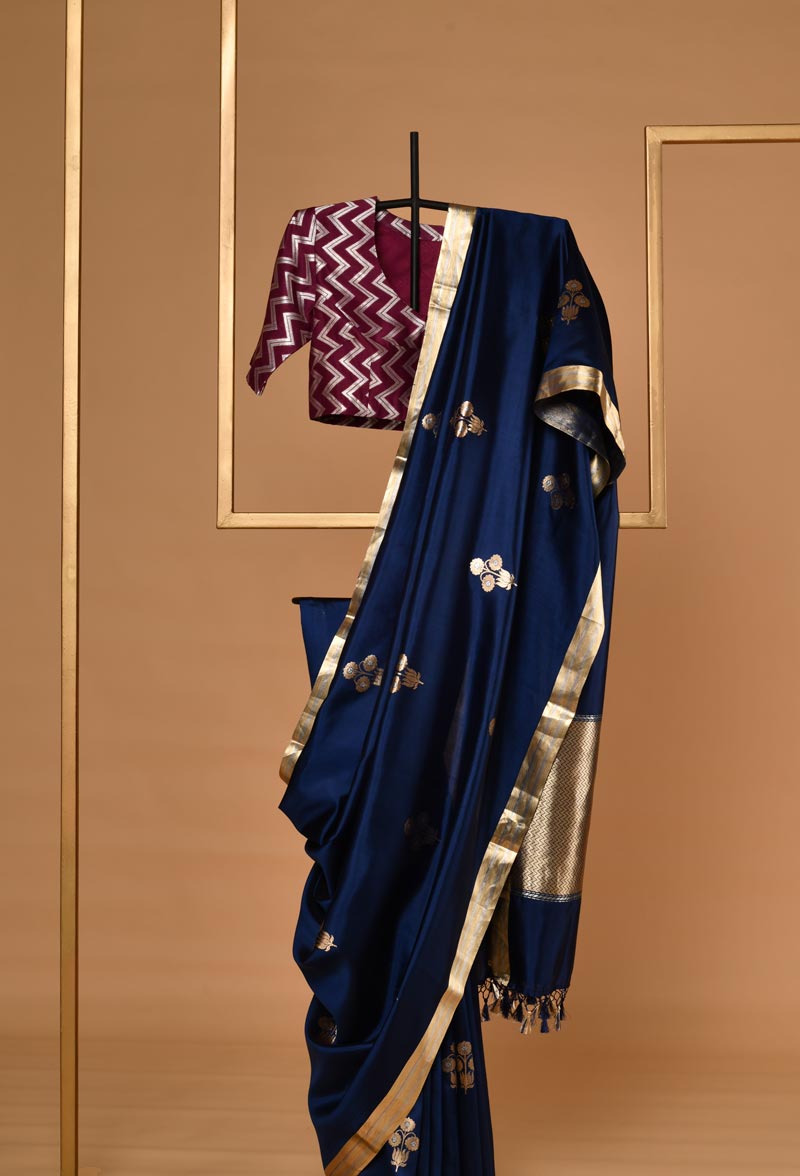 Dark Blue Banarasi Silk Sari – Raisons